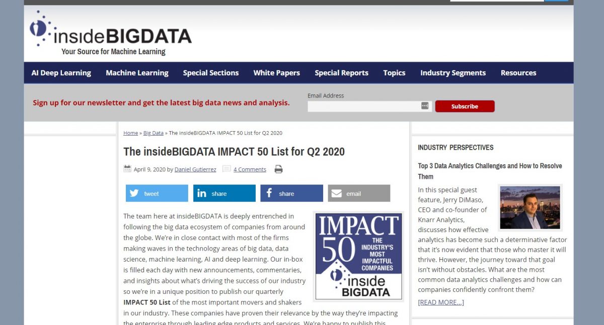 Qeexo named in insideBIGDATA IMPACT 50 List for Q2 2020 – SensEI by TDK